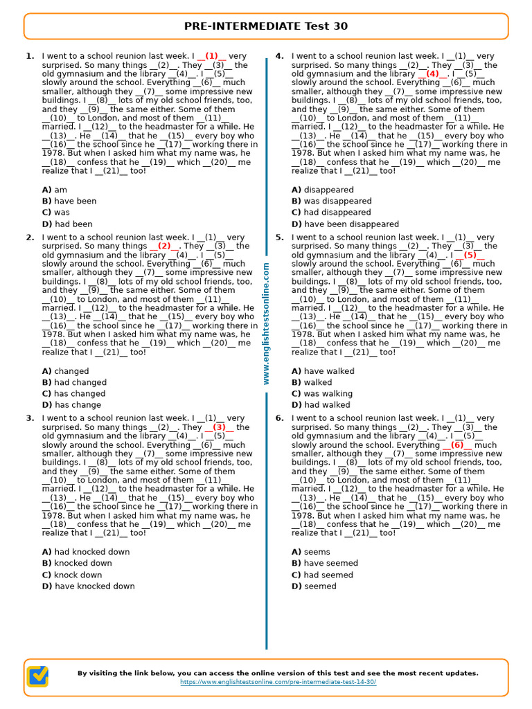 Pre-Intermediate Test 30 | PDF