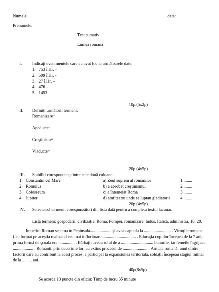 Test Lumea Romana | PDF