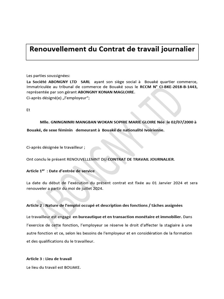 Renouvellement Du Contrat de Travail Journalier | PDF