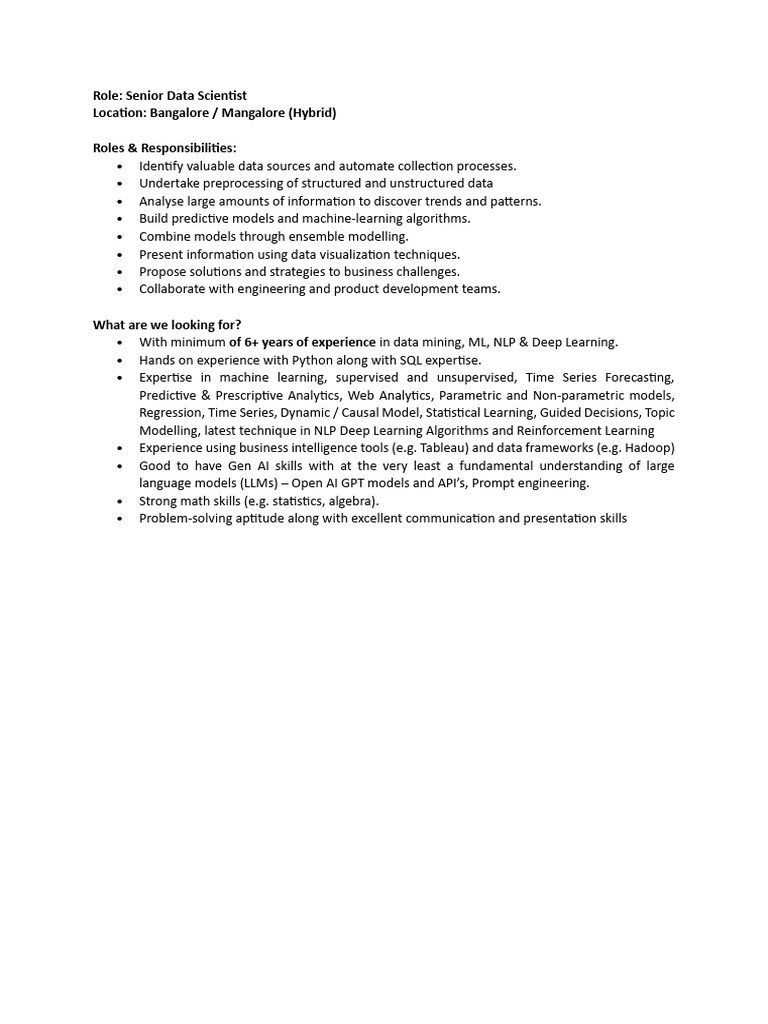 JD - SR Data Scientist - 6+years | PDF