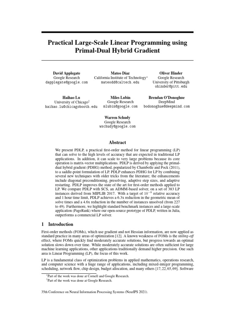 NeurIPS 2021 Practical Large Scale Linear Programming Using Primal Dual Hybrid Gradient Paper | PDF