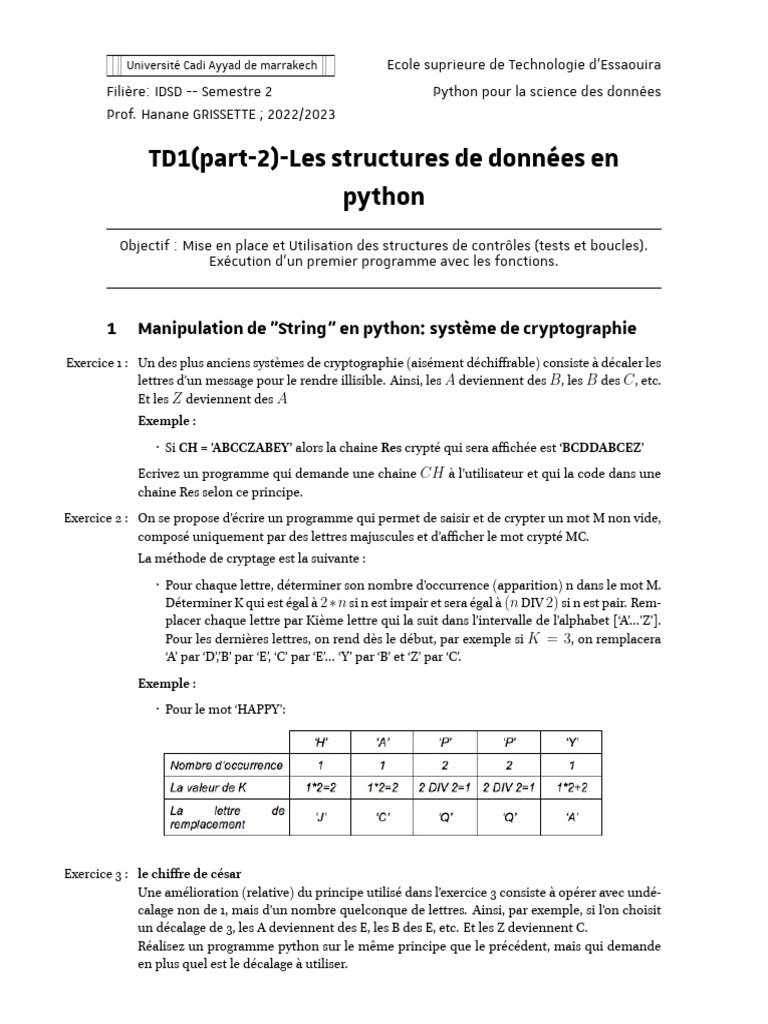 TD1 Part 2 Les Structures de Donn Es en Python | PDF
