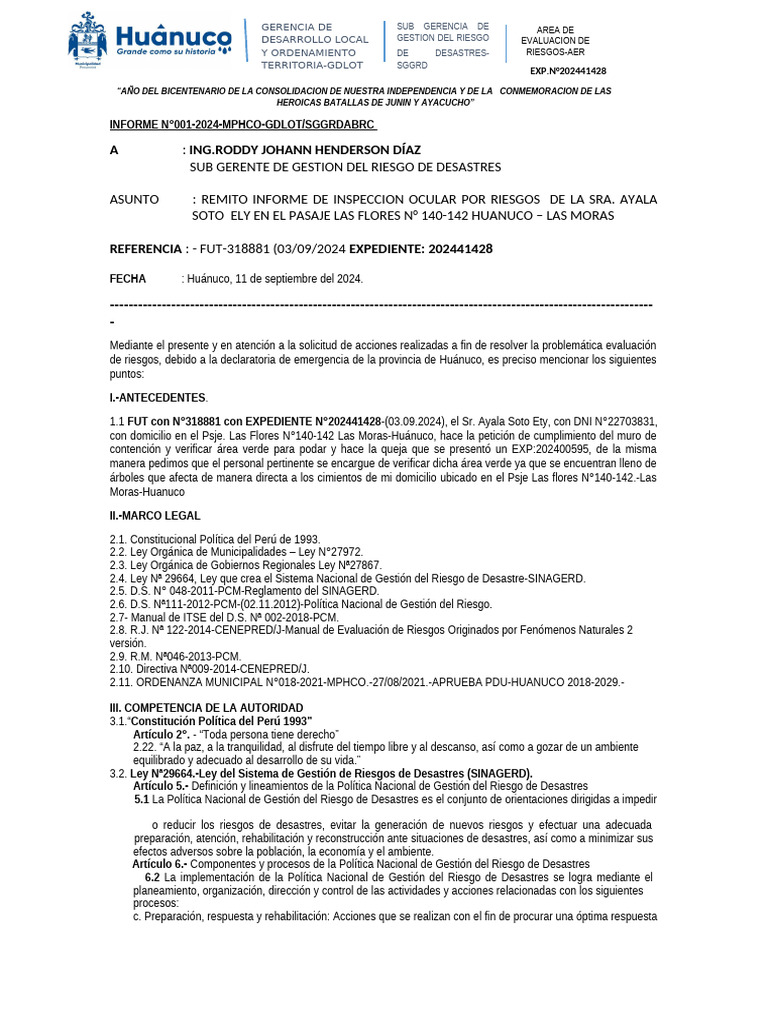 INFORME N°001-2024 Anthony Haciendo | PDF | Reducción de Desastres | Riesgo