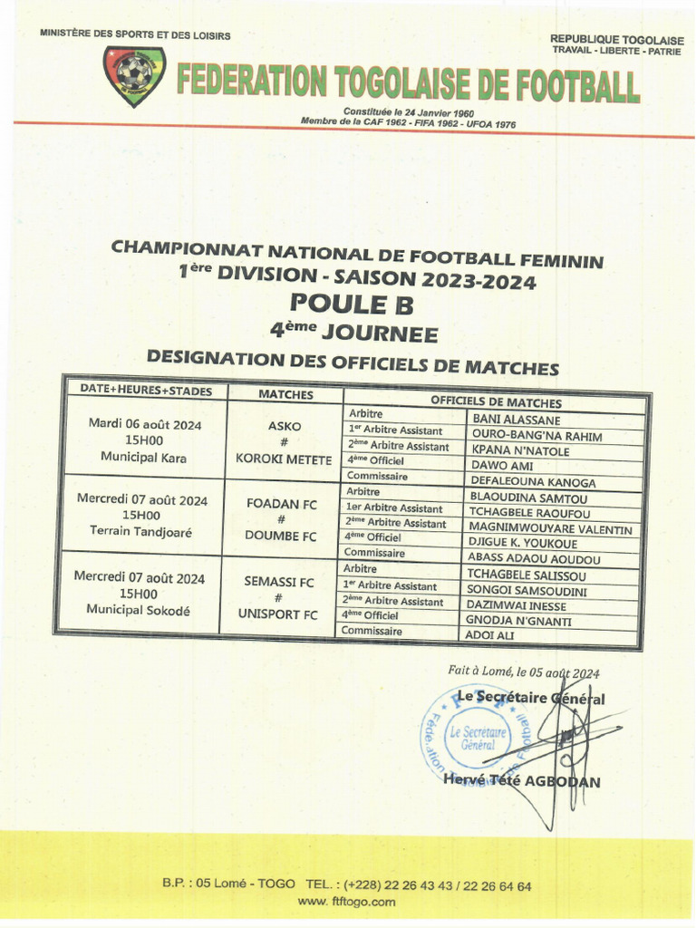 Designation Officiels 4ème Journee Champ Fem Poule B 2023-2024 | PDF