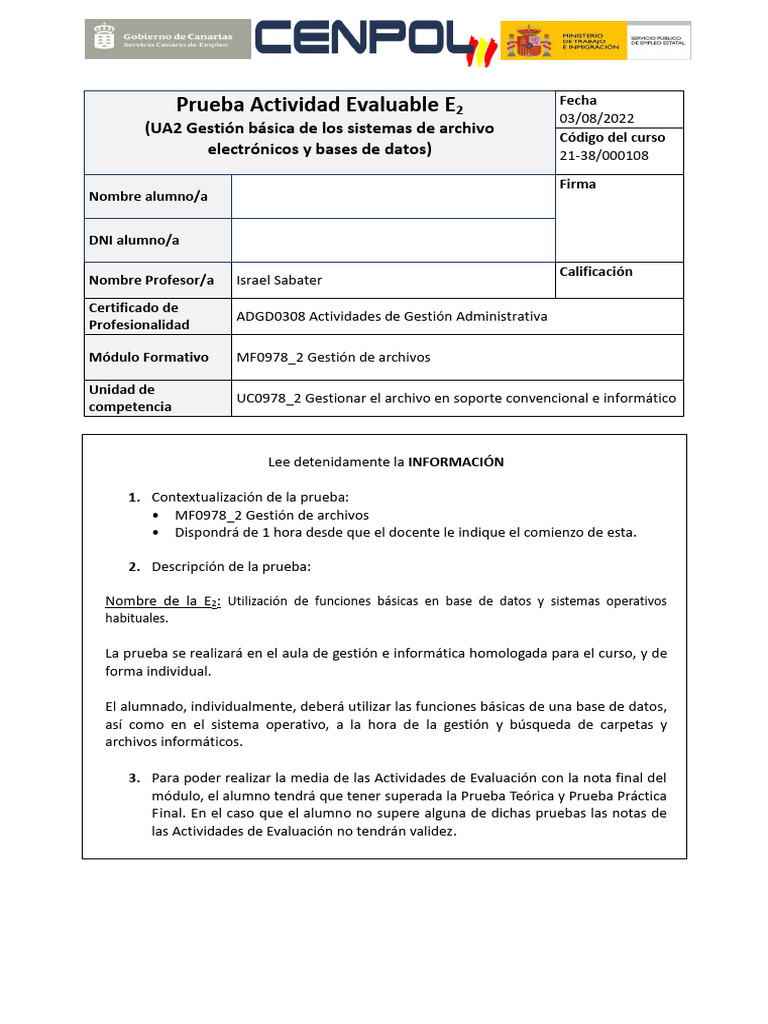 Prueba Actividad Evaluable E: (UA2 Gestión Básica de Los Sistemas de Archivo Electrónicos y ...
