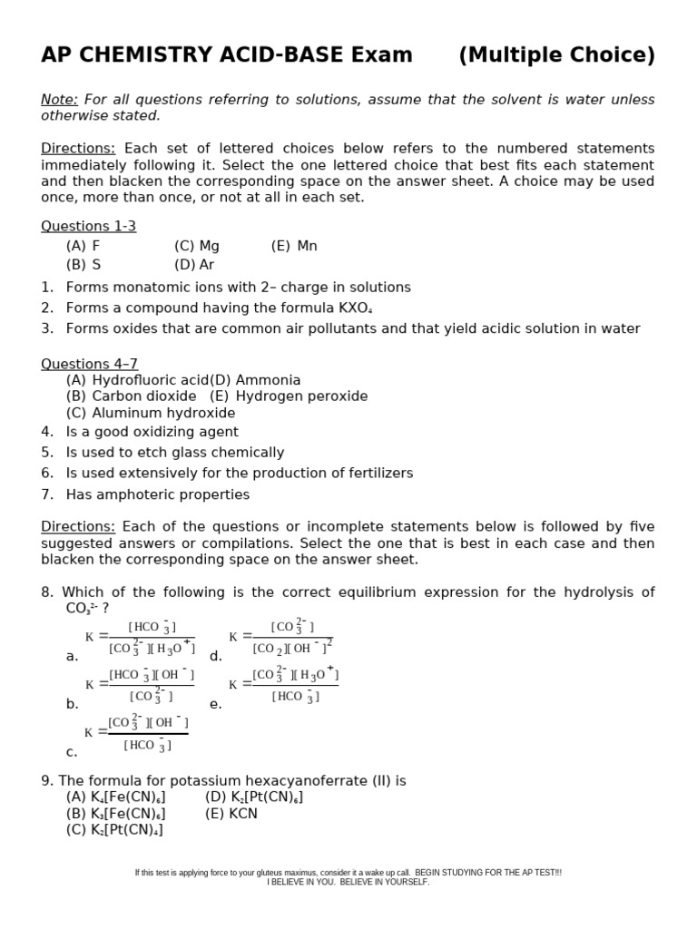 AP CHEMISTRY ACID BASE Exam Part I | PDF | Acid | Buffer Solution