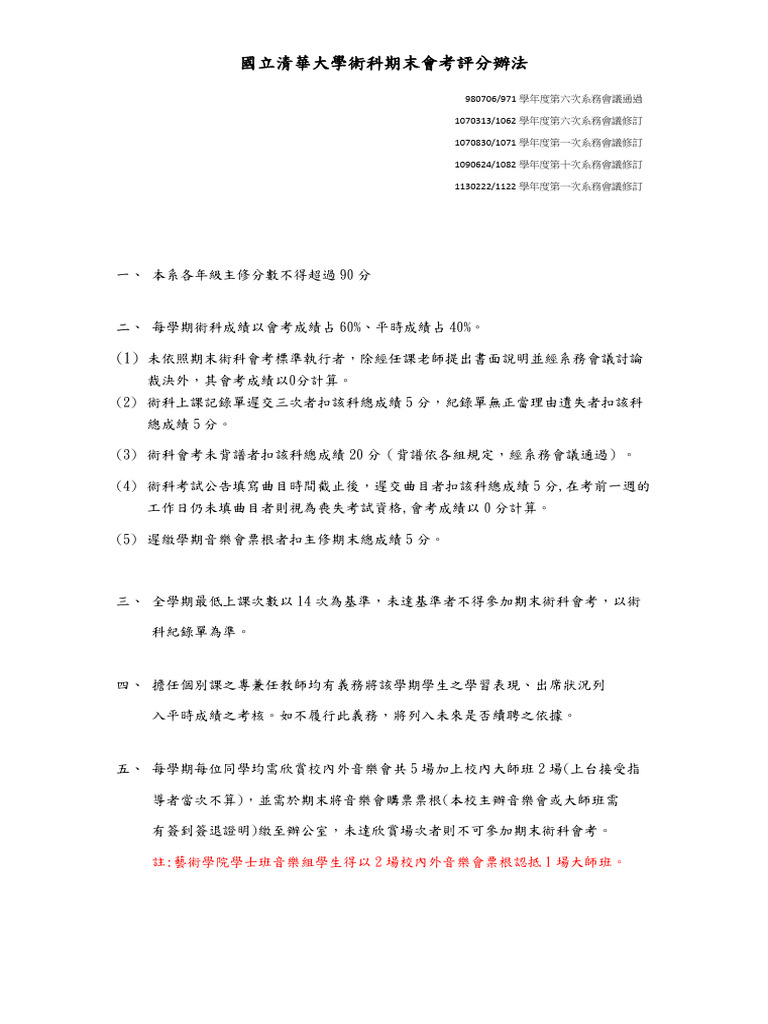 國立清華大學音樂學系術科成績評分辦法11306修訂 2 | PDF