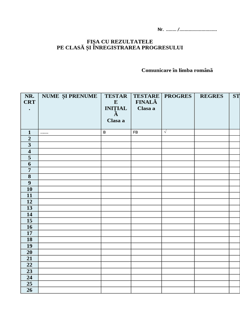 Fisa Cu Rezultatele Elevilor Progres Regres Stagnare Tabel | PDF
