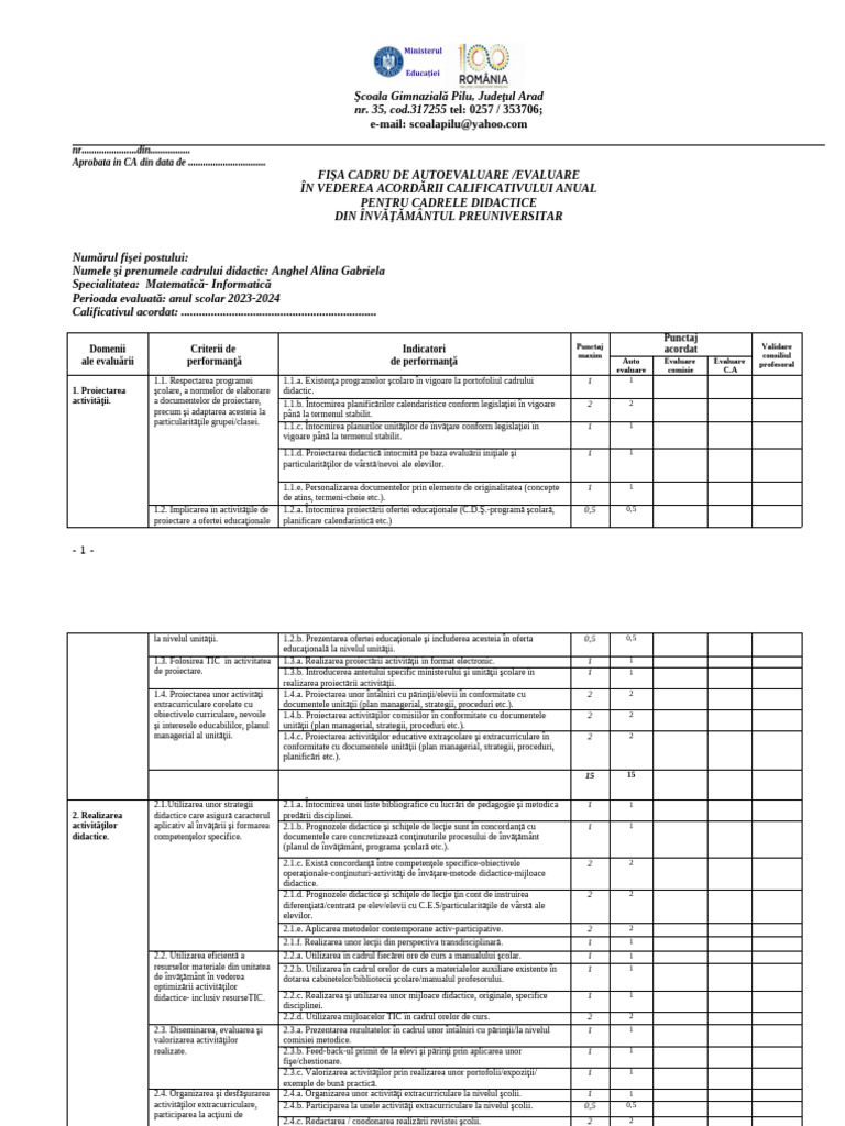 fisa autoevaluare | PDF