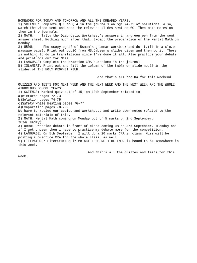 Homework For Today and Tomorrow and | PDF