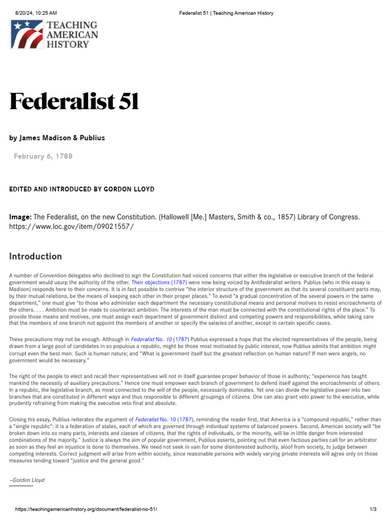 Federalist 51 _ Teaching American History | PDF