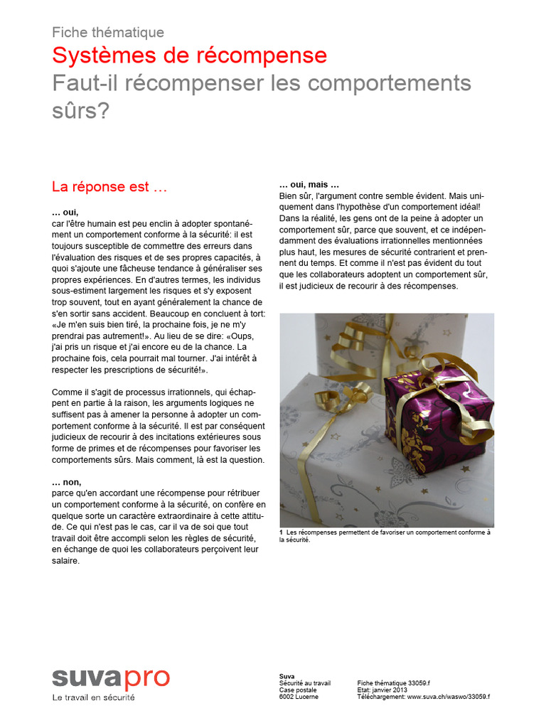 Faut-Il Récompenser Les Comportements Sûrs?: Systèmes de Récompense | PDF