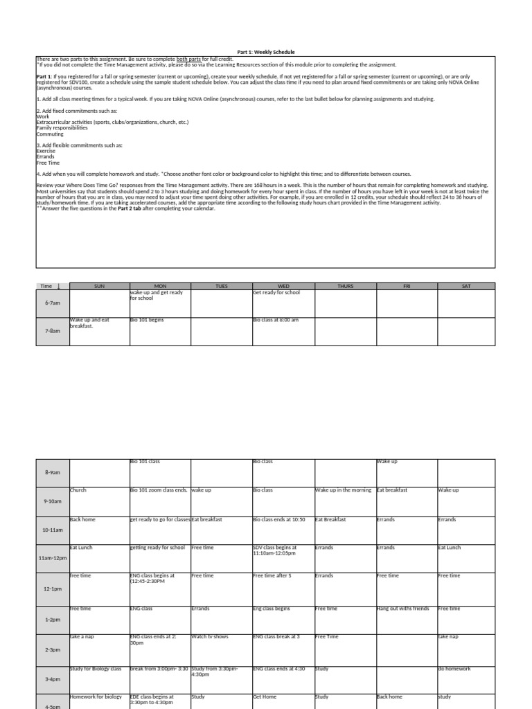 Weekly Schedule Assignment | PDF