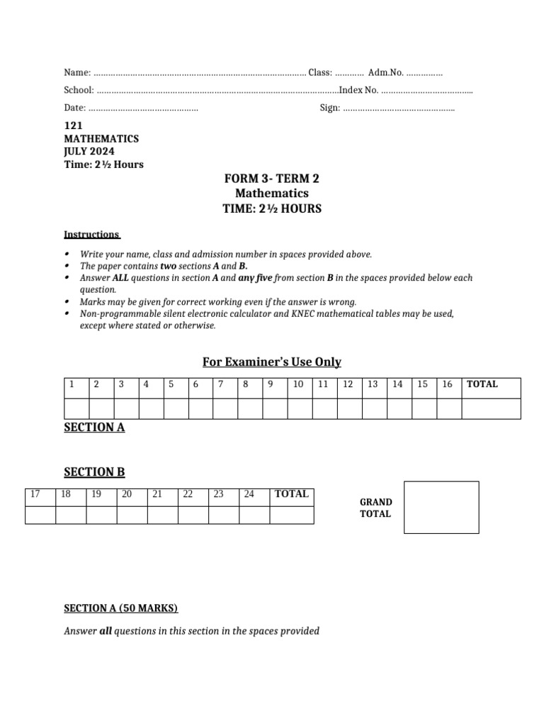 Form 3 Mathematics - Question Paper | PDF