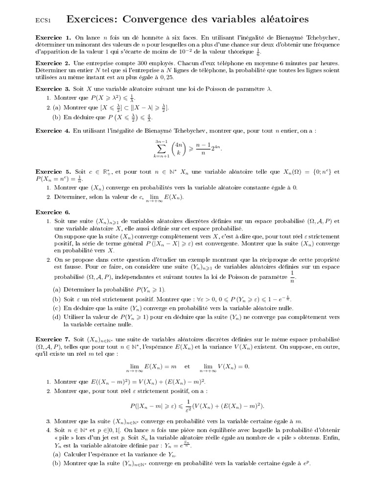 Exercices sur la convergence des variables | PDF | Probabilité ...