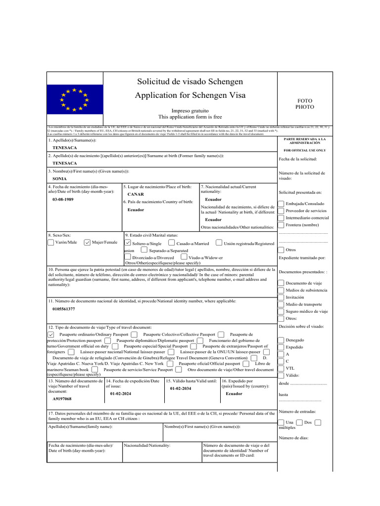 Ejemplo de formulario visa europea | PDF