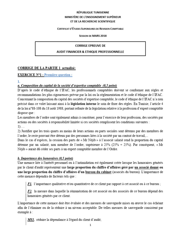 Examen Audit RC Mars 2018 Corrigé | PDF