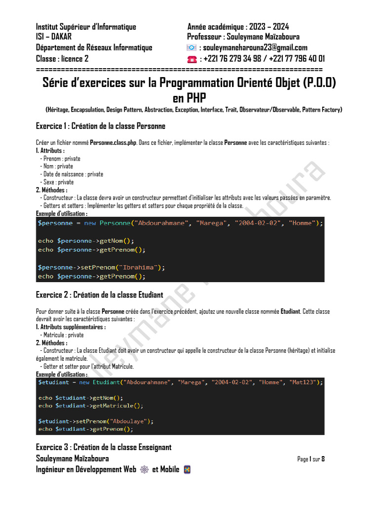Série D'exercices Sur La Programmation Orientée Objet en PHP L2 ... Série D'exercices Sur La Programmation Orientée Objet en PHP L2 ...