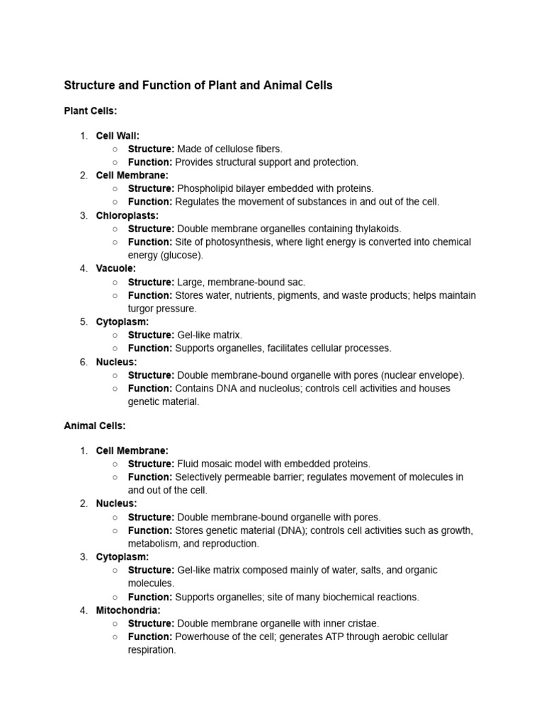 Structure and Function of Plant and Animal Cells | PDF
