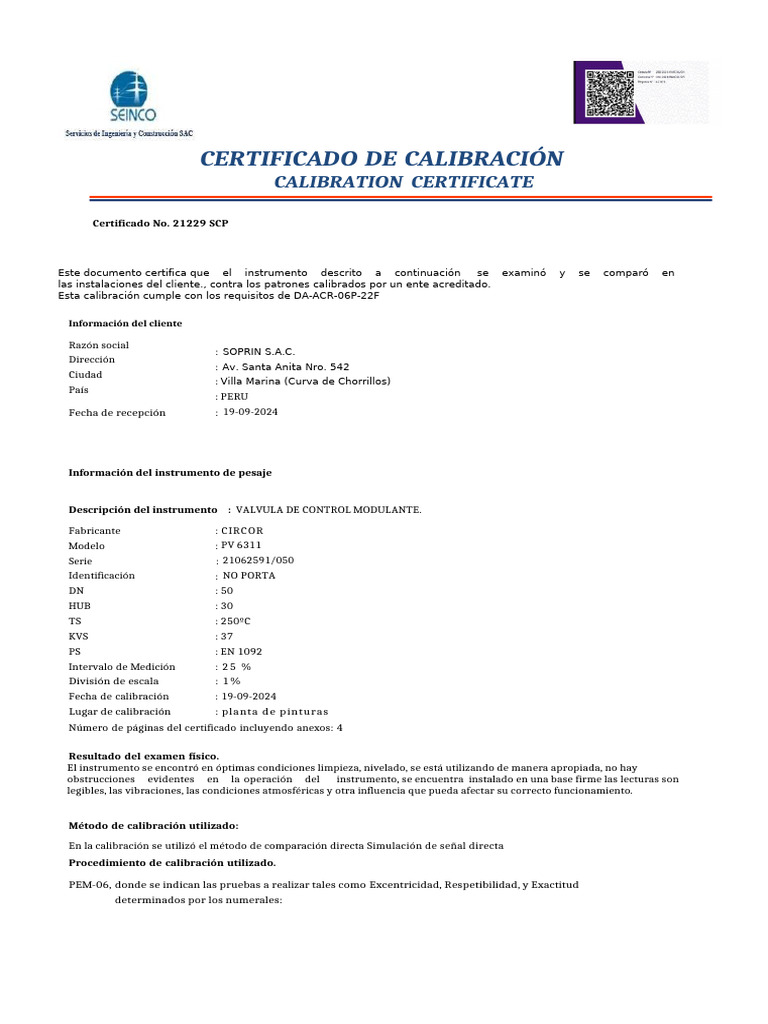 Certificado de Calibracion Valvula 2024 | PDF | Calibración | Science