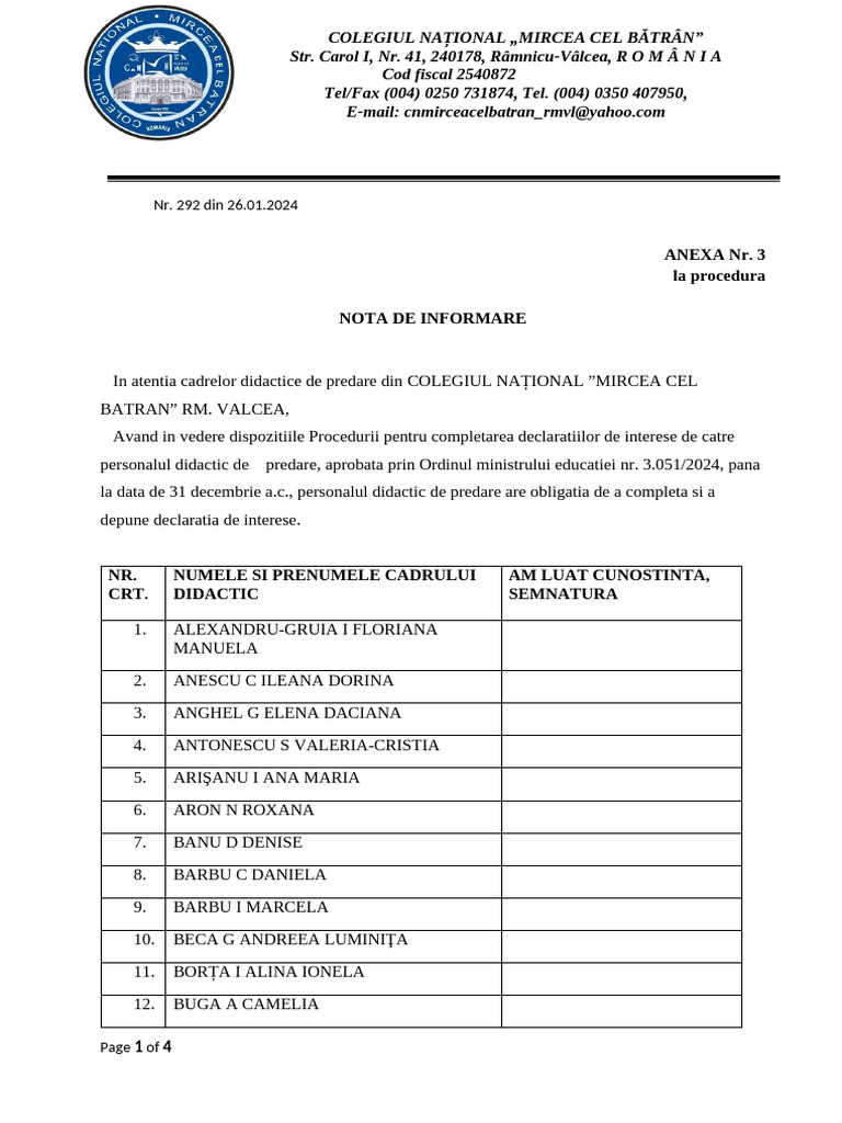 Tabel Notificari Declaratii Interese Prof | PDF