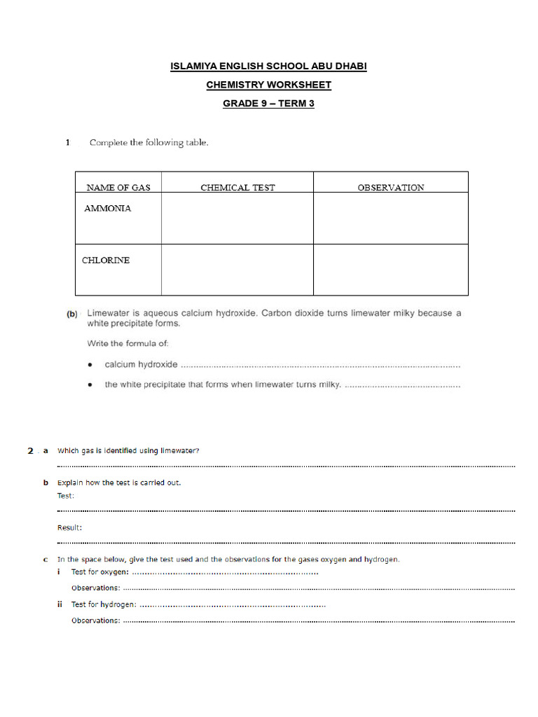 Chemistry Worksheet Grade 9 Term 3 Answers | PDF