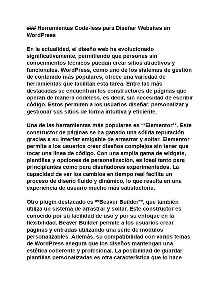 Herramientas Code-Less para Diseñar Websites en WordPress | PDF