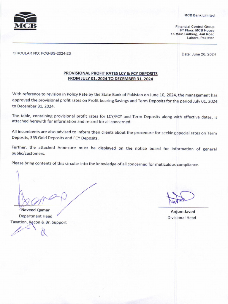 MCB Profit Rates July-Dec 2024 | PDF | Financial Markets ...