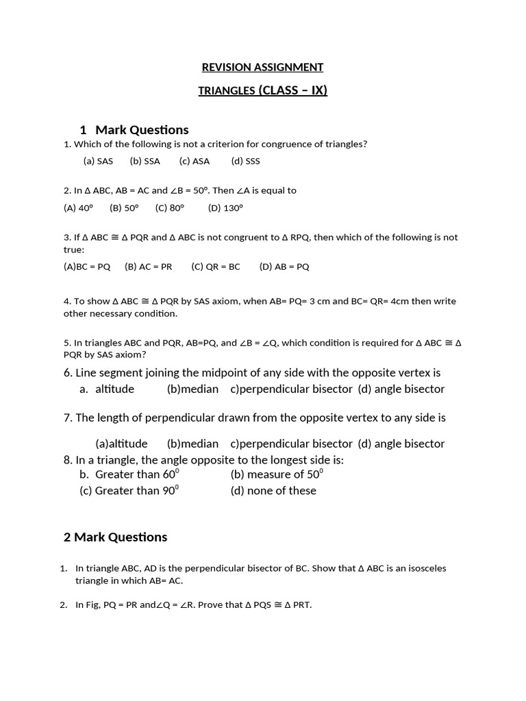Revision Assignment-Triangles (Class - Ix) | PDF