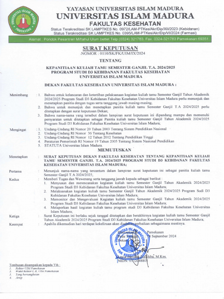 SK Kepanitiaan Kuliah Tamu Semester Ganjil Tahun Akademik 2024-2025 Program Studi d3 Kebidanan ...