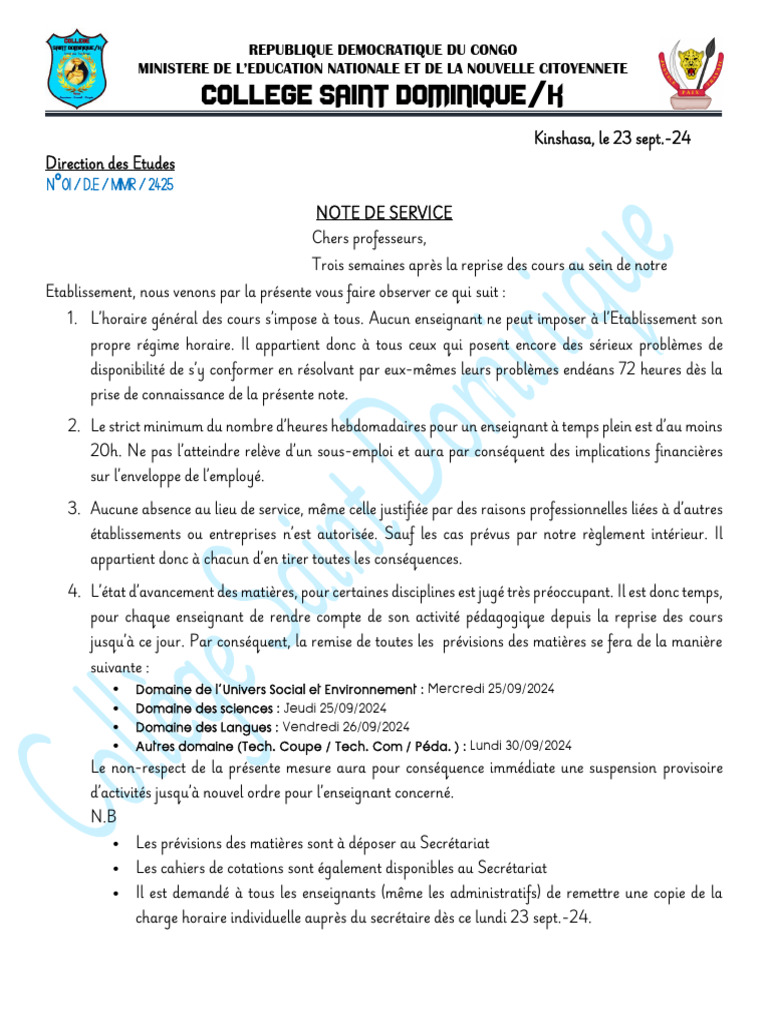 Note de Service 1 Et Horaire-1 | PDF