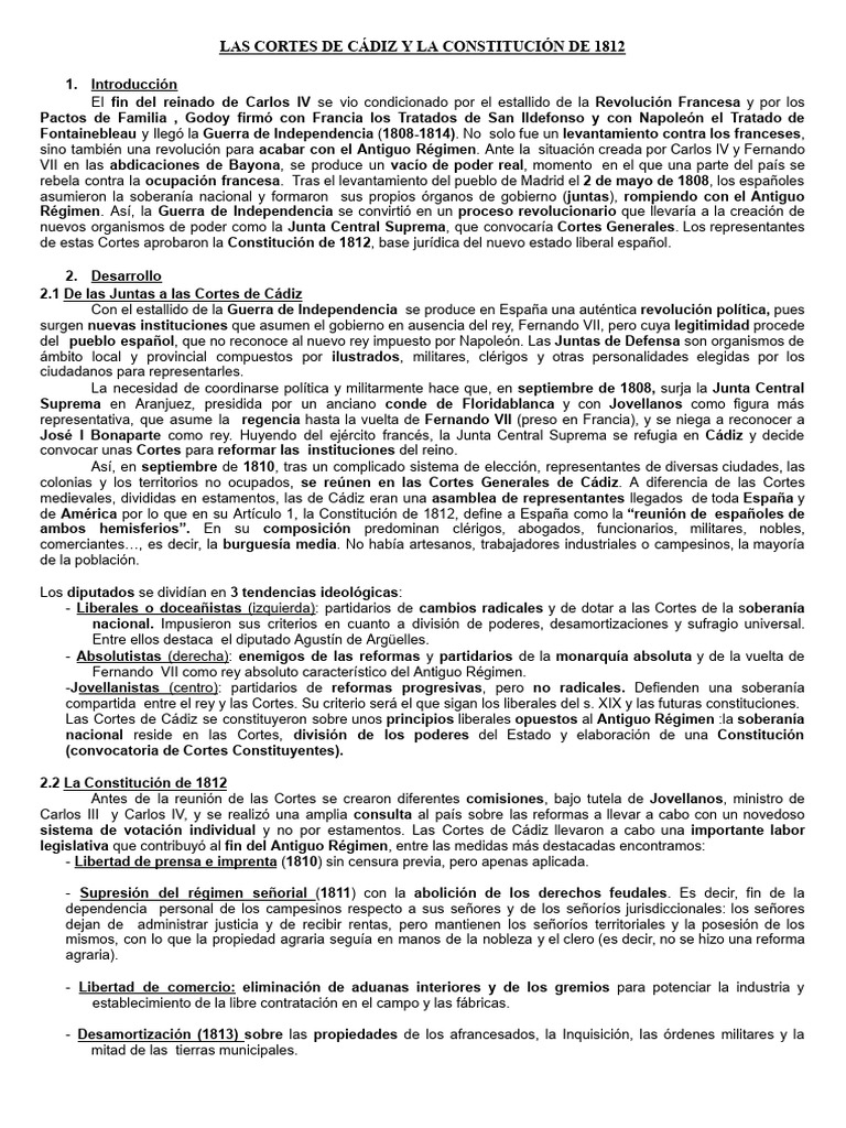 LAS CORTES DE CÁDIZ Y LA CONSTITUCIÓN DE 1812 RESUMEN MARIA ...