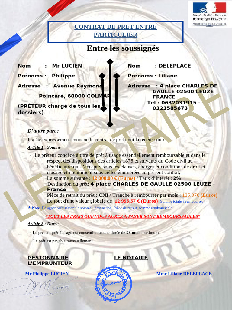 CONTRAT DE PRET de Mme Liliane DELEPLACE | PDF