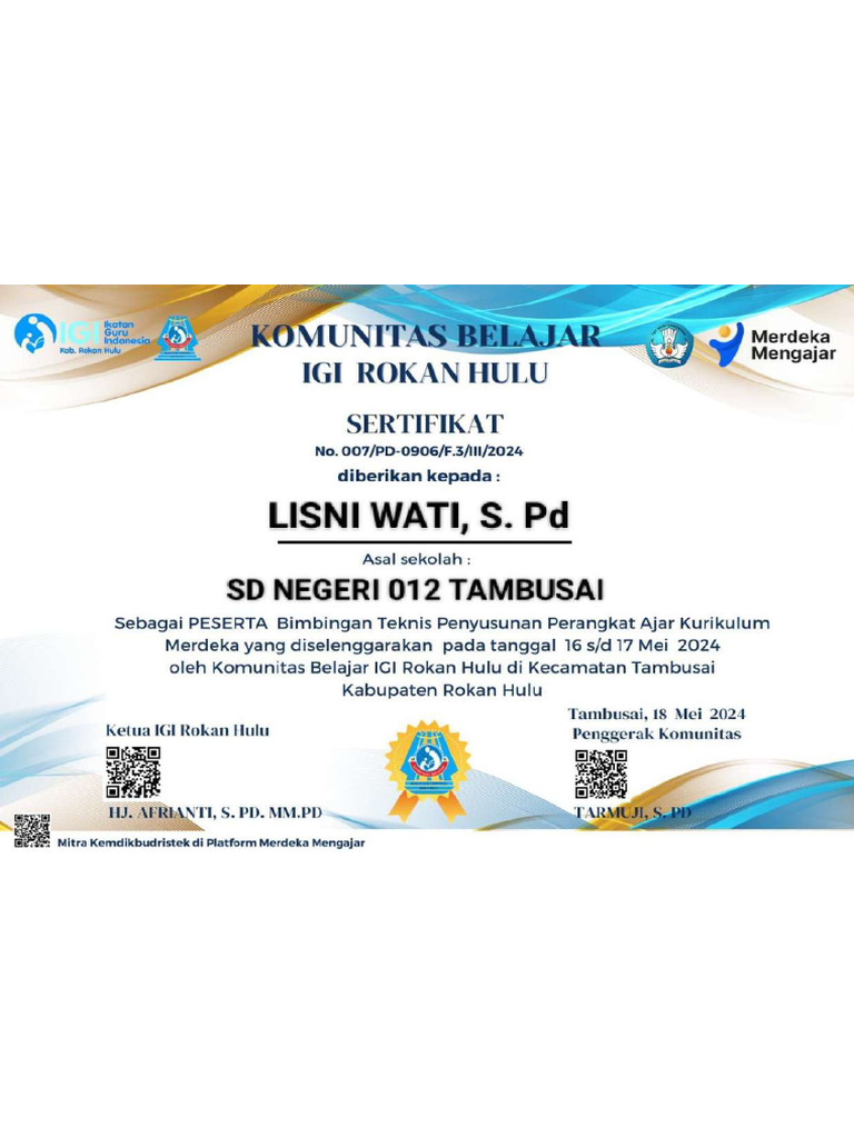 Sertifikat Bimbingan Teknis 1 | PDF