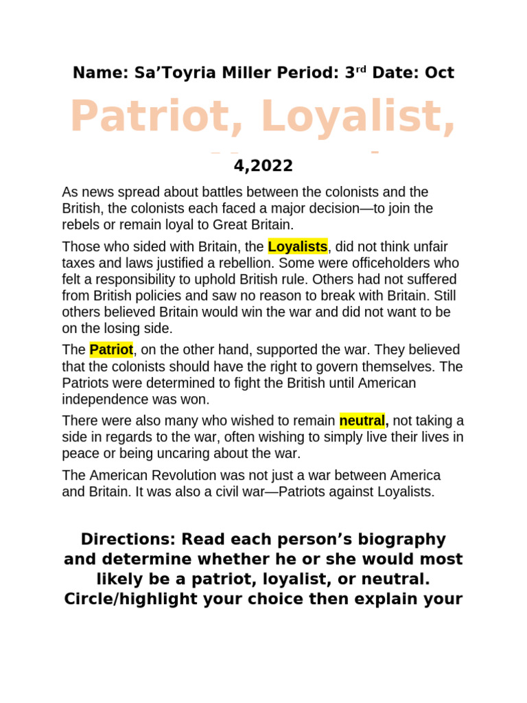 Patriots and Loyalists | PDF