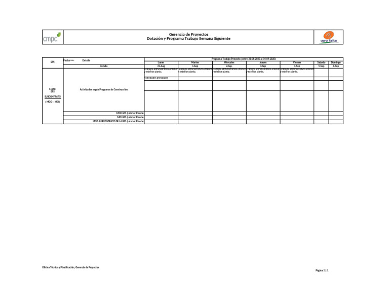 Formato Dotación y Programa Trabajo Semana subsiguiente (1) | PDF