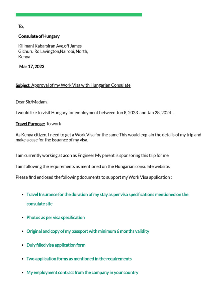Cover Letter For Hungary Work Visa | PDF