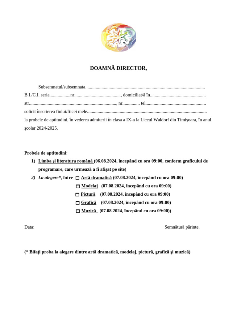 Cerere de Inscriere La Probele de Aptitudini 2024 2025 1 | PDF