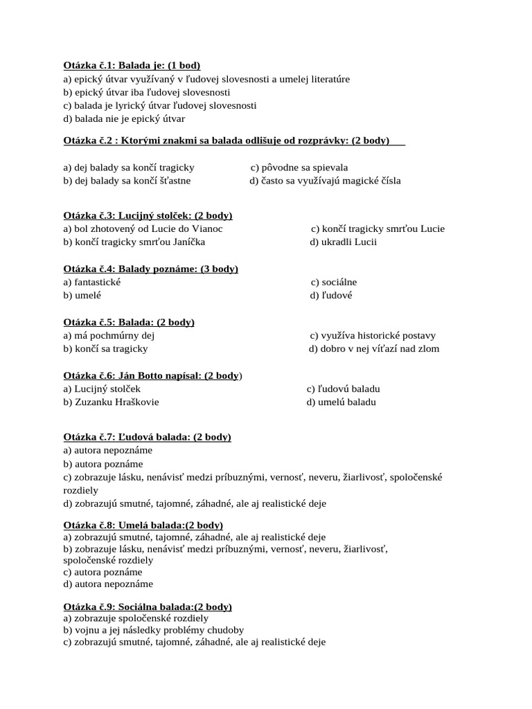 Balady - Písomka 6. Ročník | PDF