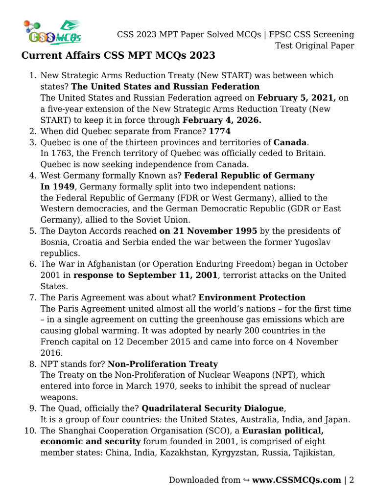 CSS 2023 MPT Paper Solved MCQs - FPSC CSS Screening Test Original Paper ...