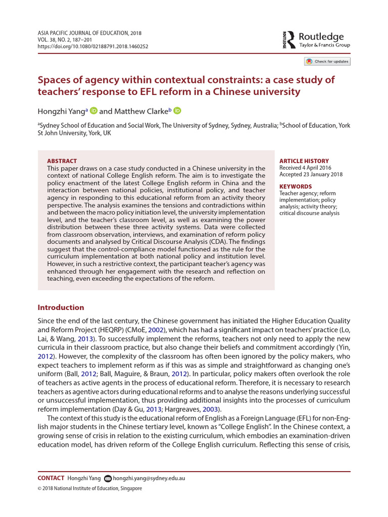 Yang & Clarke 2018 Spaces of Agency Within Contextual Constraints A Case Study of Teacher S ...