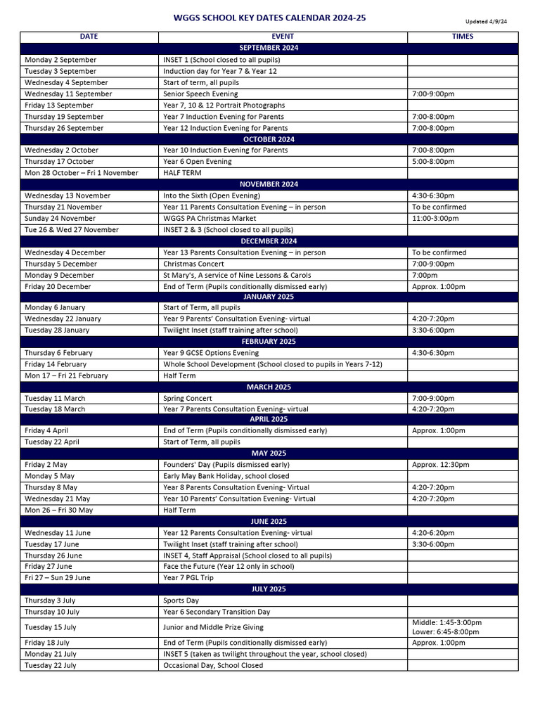 SCHOOL KEY DATES 2024 25 v3 | PDF