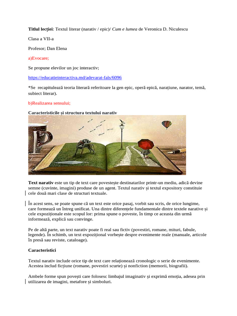 Clasa A Viia Textul Literar Cum e Lumea | PDF
