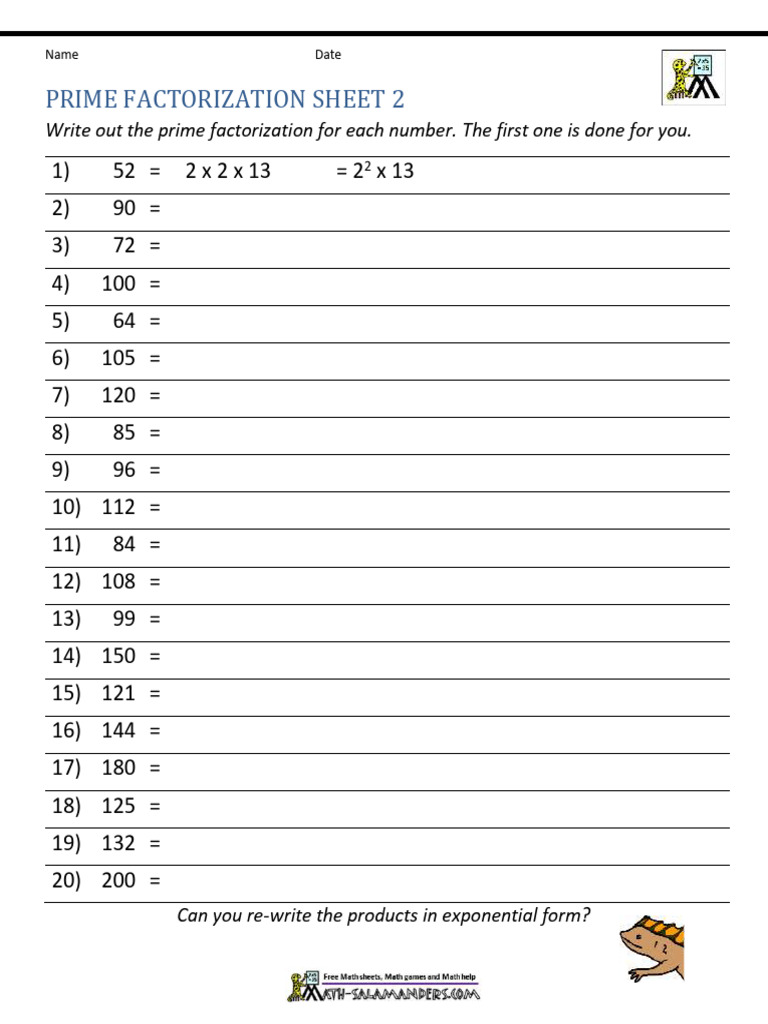 Prime Factorization Worksheet 2 | PDF
