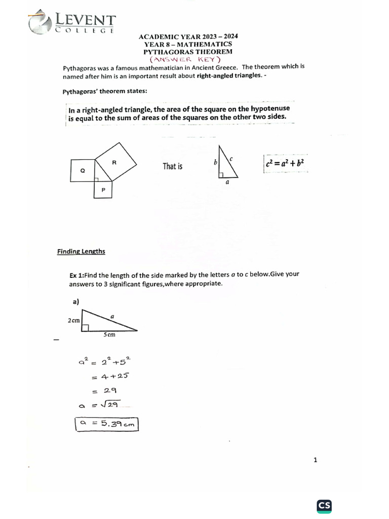 Subject 18 Pythagoras Theorem (Answers) | PDF