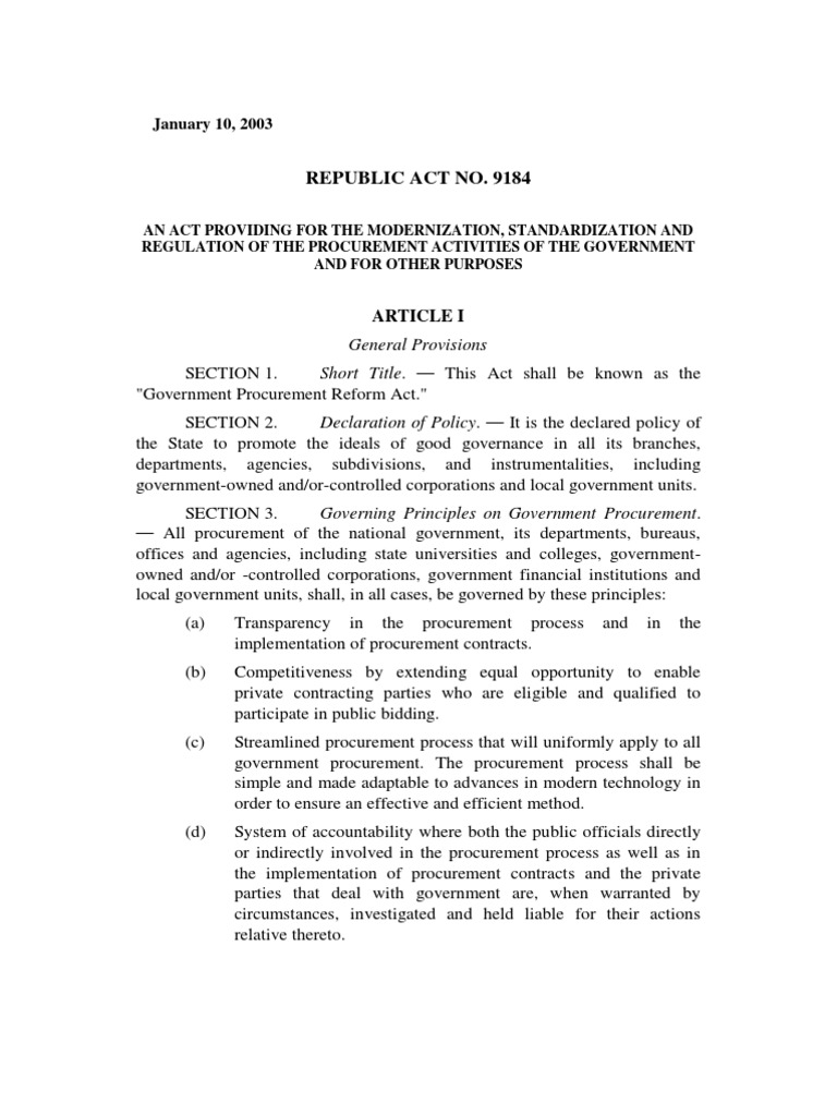 Philippines Government Procurement Act - RA 9184 | PDF