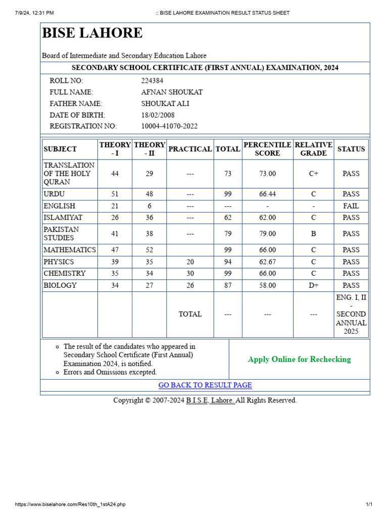 Bise Lahore Examination Result Status Sheet | PDF
