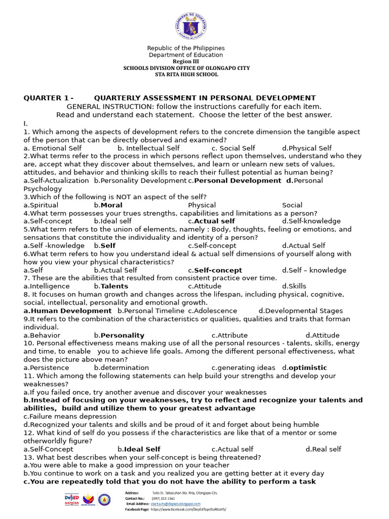 Exam Perdev Senior High | PDF | Adolescence | Career & Growth