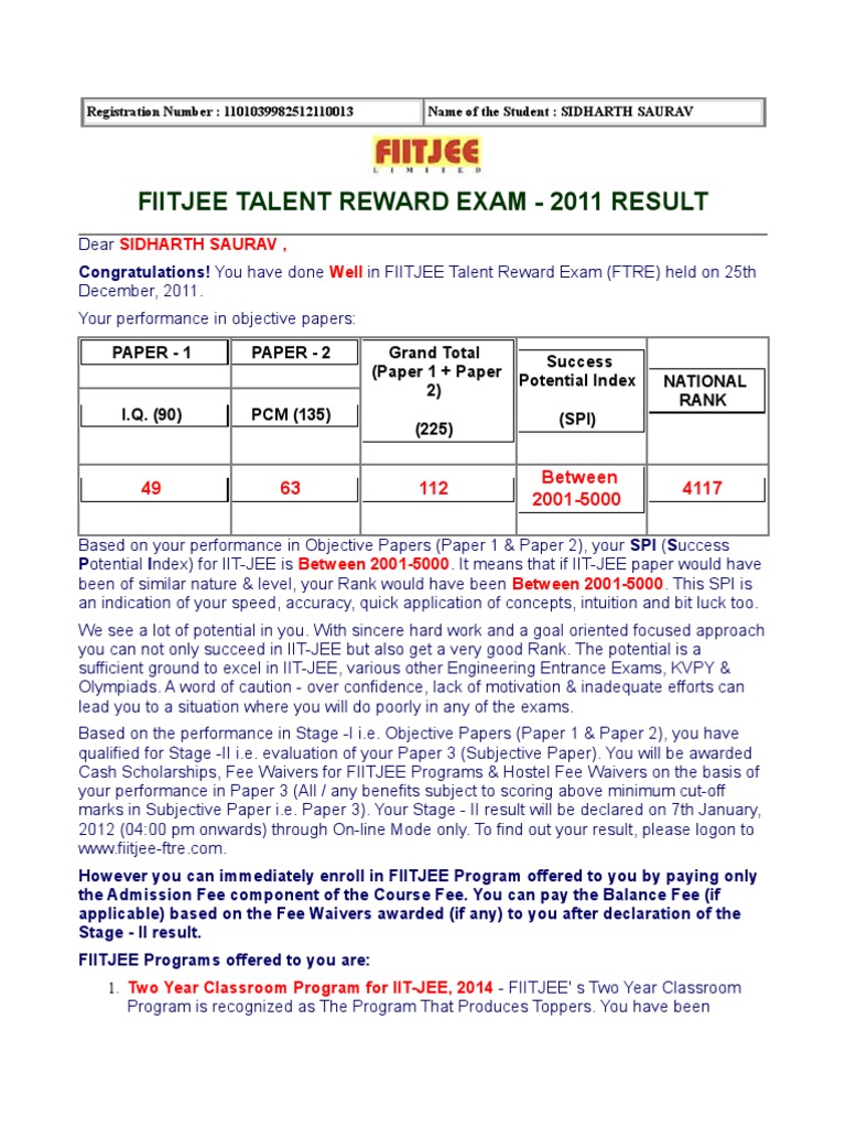 Fiitjee Talent Reward Exam - 2011 Result: Sidharth Saurav, Well | PDF ...