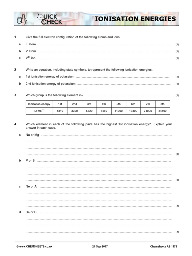 Chemsheets As 1178 QC Ionisation Energies | PDF